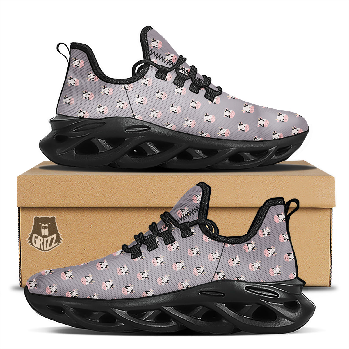 Smiley Cow Cartoon Print Pattern Black Running Shoes