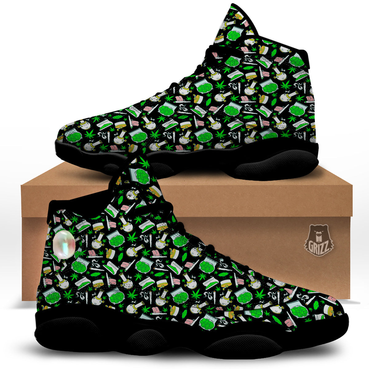 Smoke Weed Green Neon Print Pattern Black Basketball Shoes