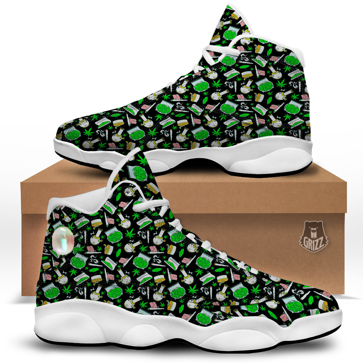 Smoke Weed Green Neon Print Pattern White Basketball Shoes
