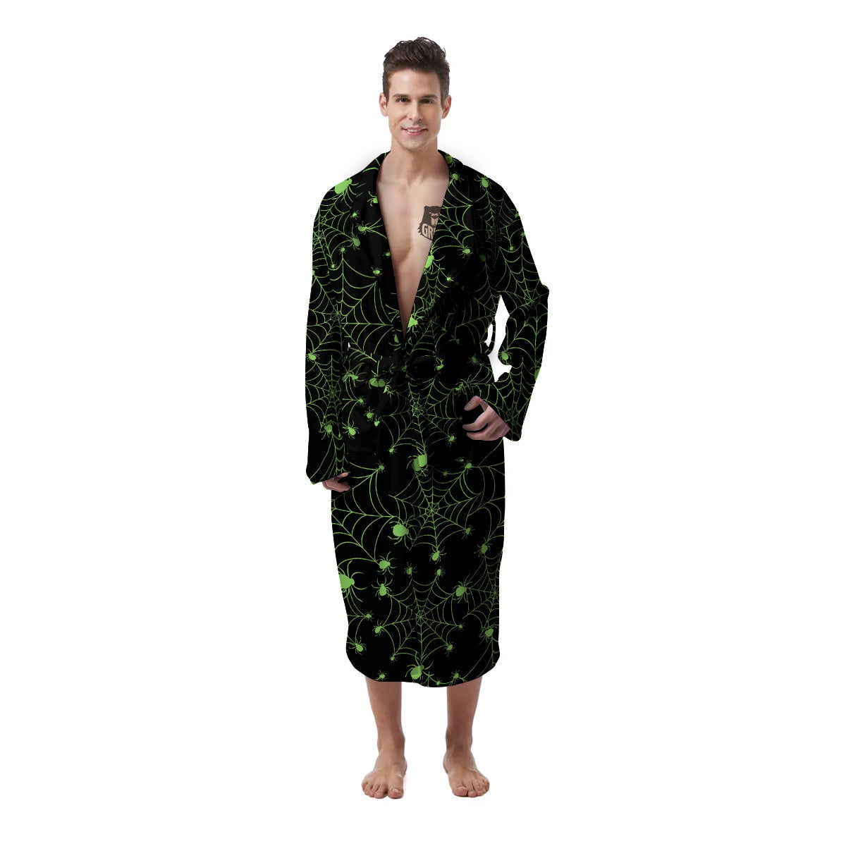 Spider Black And Green Neon Spider Web Print Pattern Men's Robe