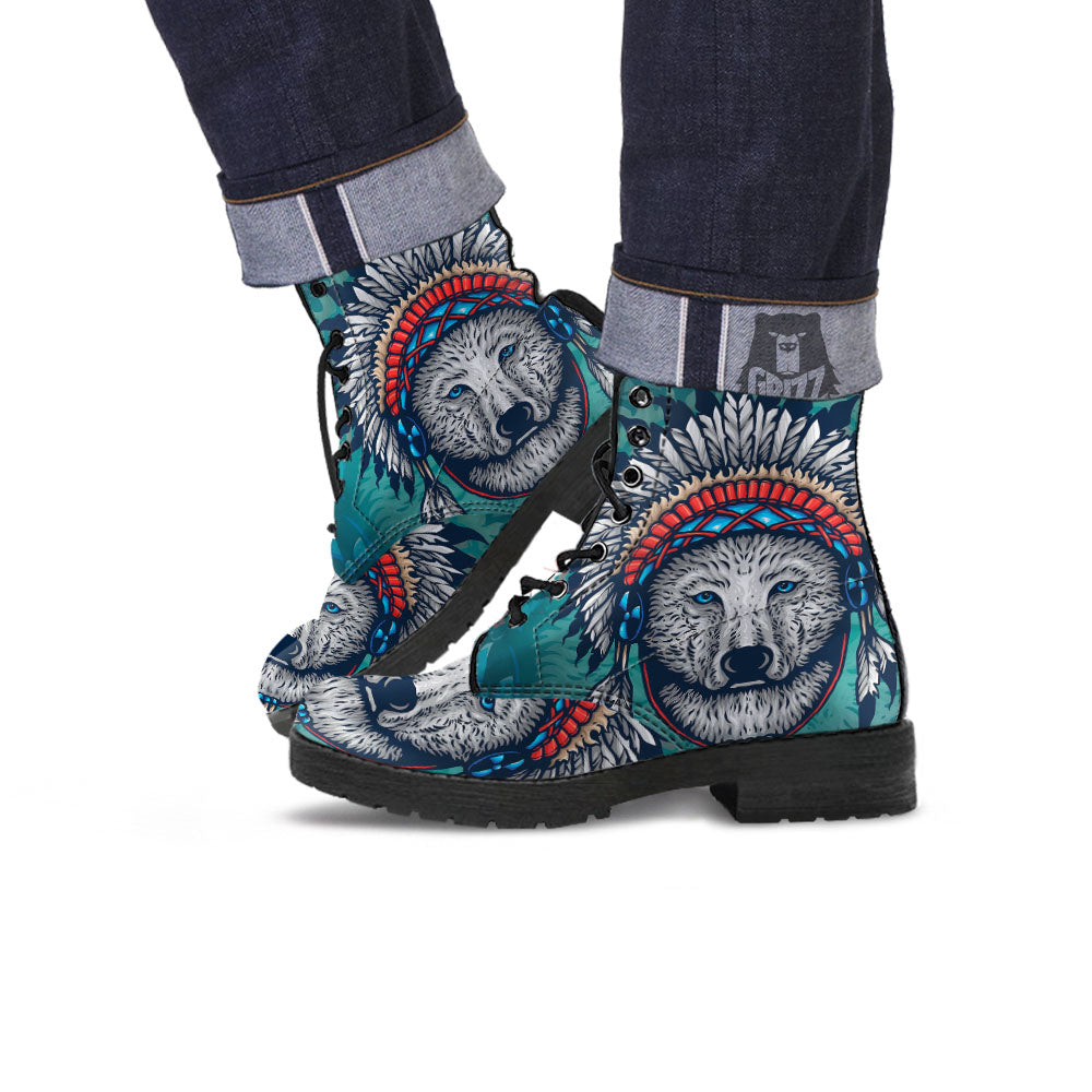 Spirit Animal Native American Wolf Print Leather Boots