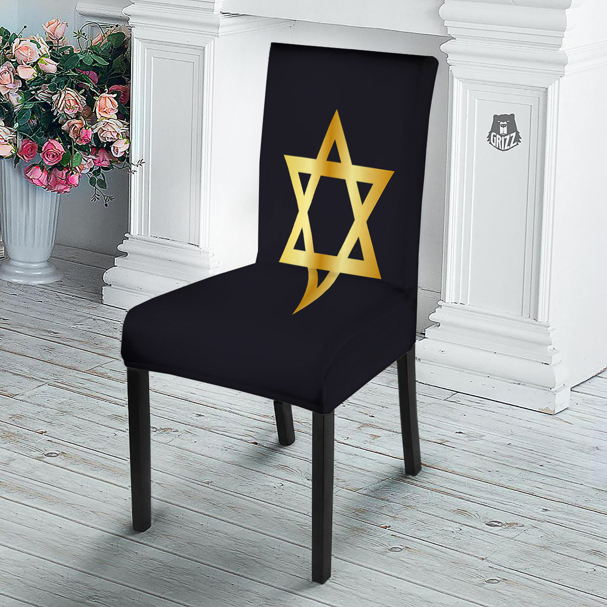 Star Of David Golden Print Dining Chair Slipcover