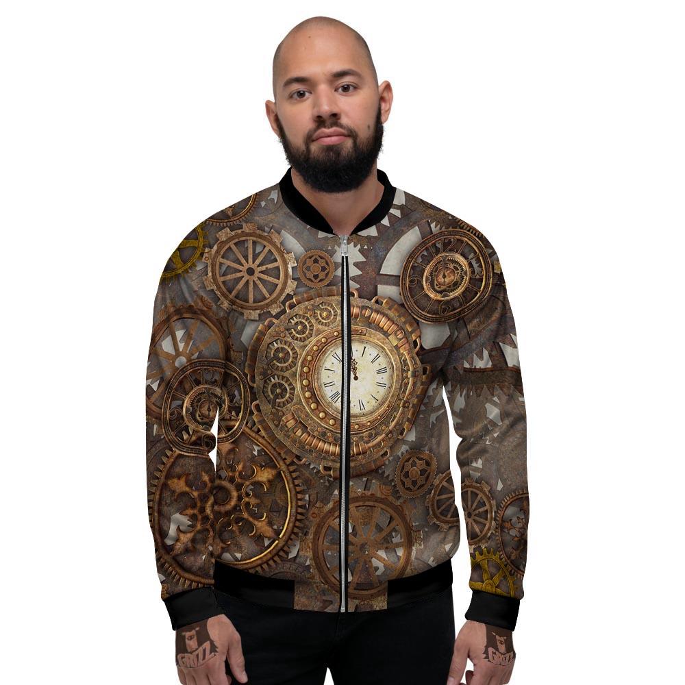 Steampunk Gears Clock Print Men's Bomber Jacket