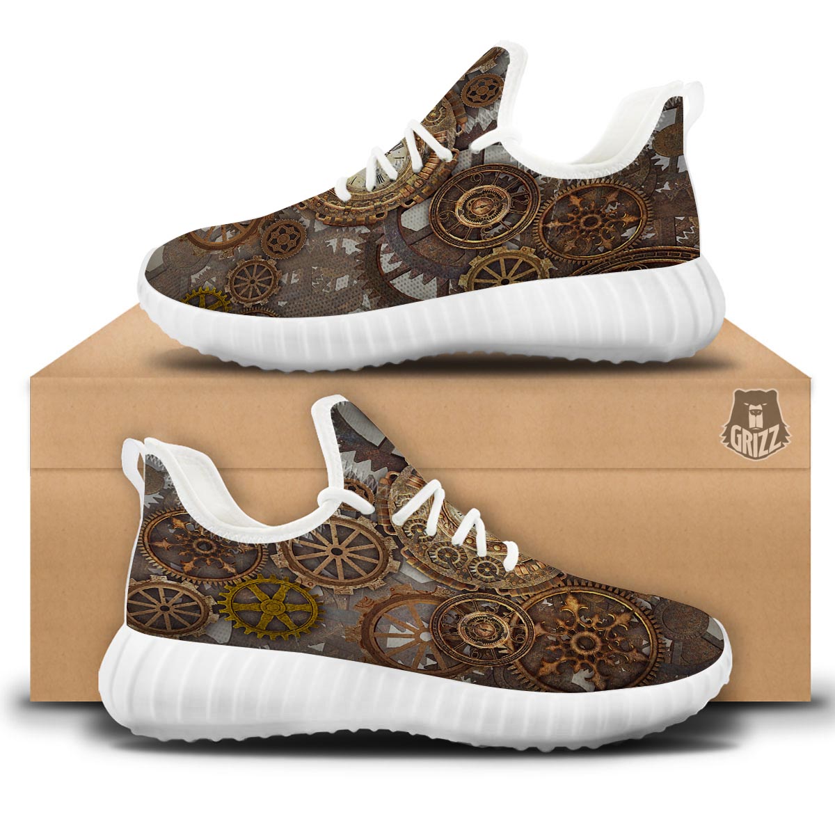 Steampunk Gears Clock Print White Walking Shoes