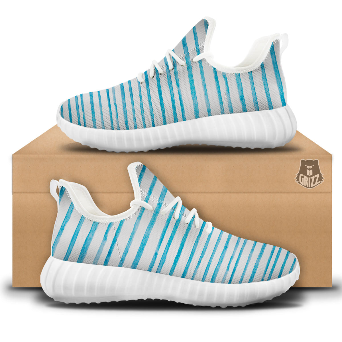 Striped Cyan And White Print Pattern White Walking Shoes
