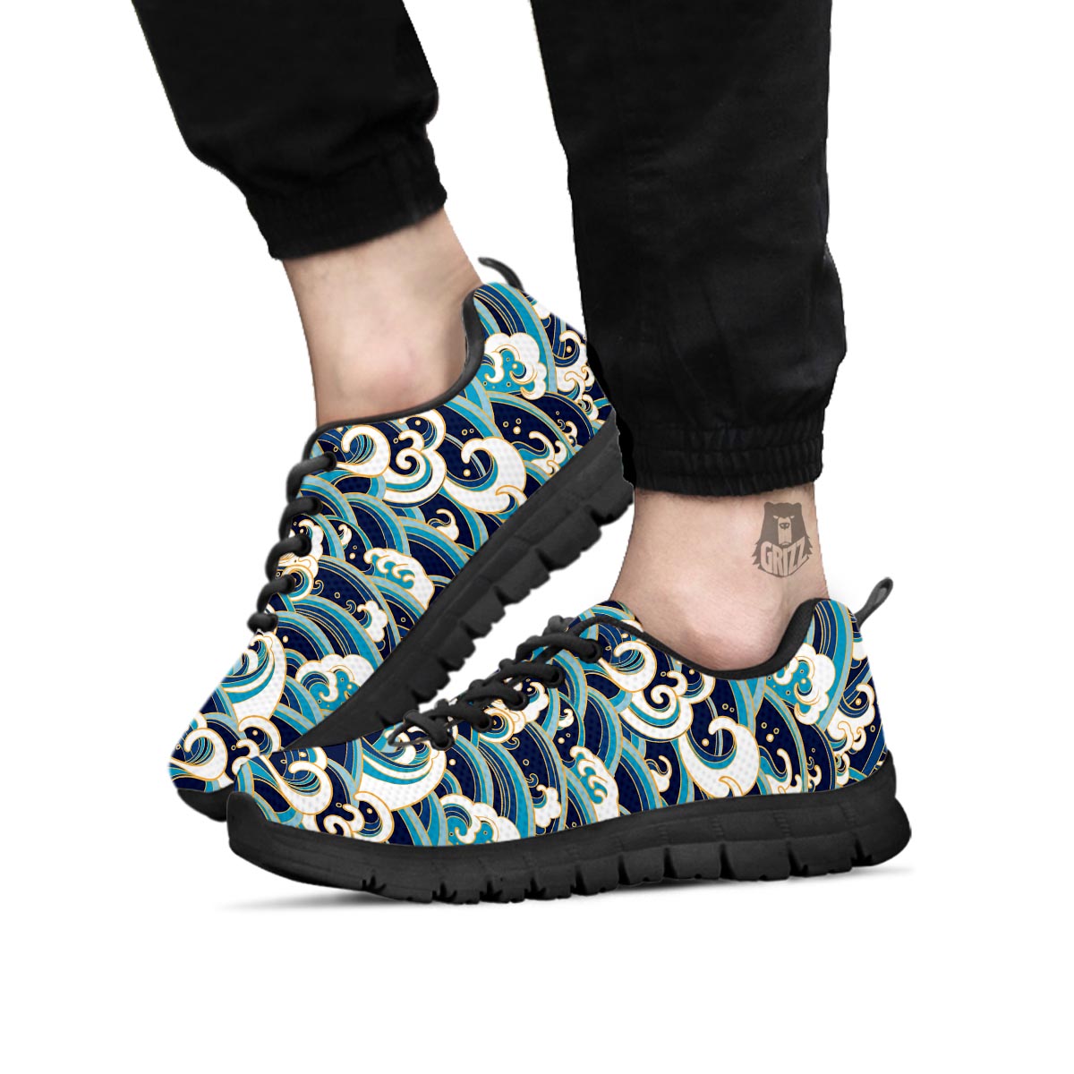 Surfing Sea Wave Print Pattern Black Sneaker