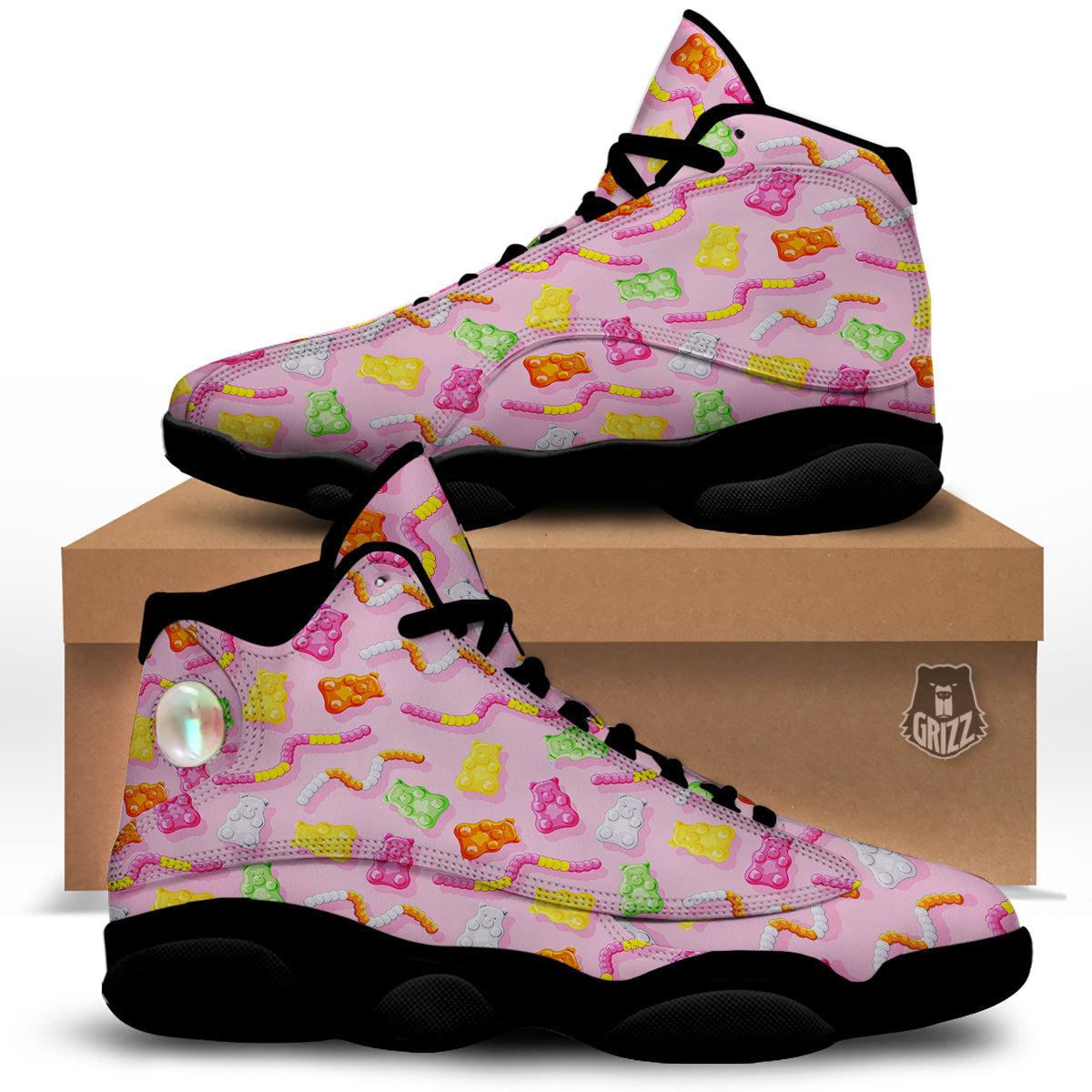 Sweet Gummy Bears And Worms Print Pattern Black Basketball Shoes