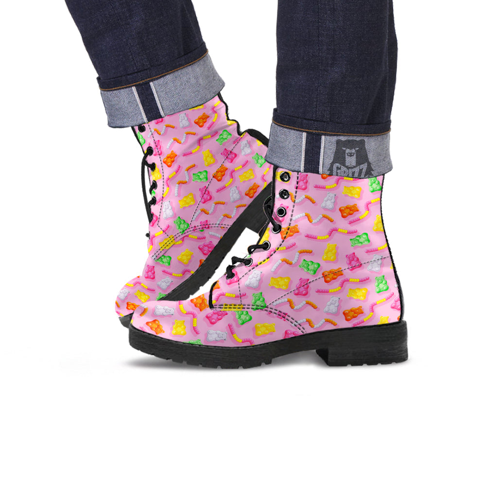 Sweet Gummy Bears And Worms Print Pattern Leather Boots