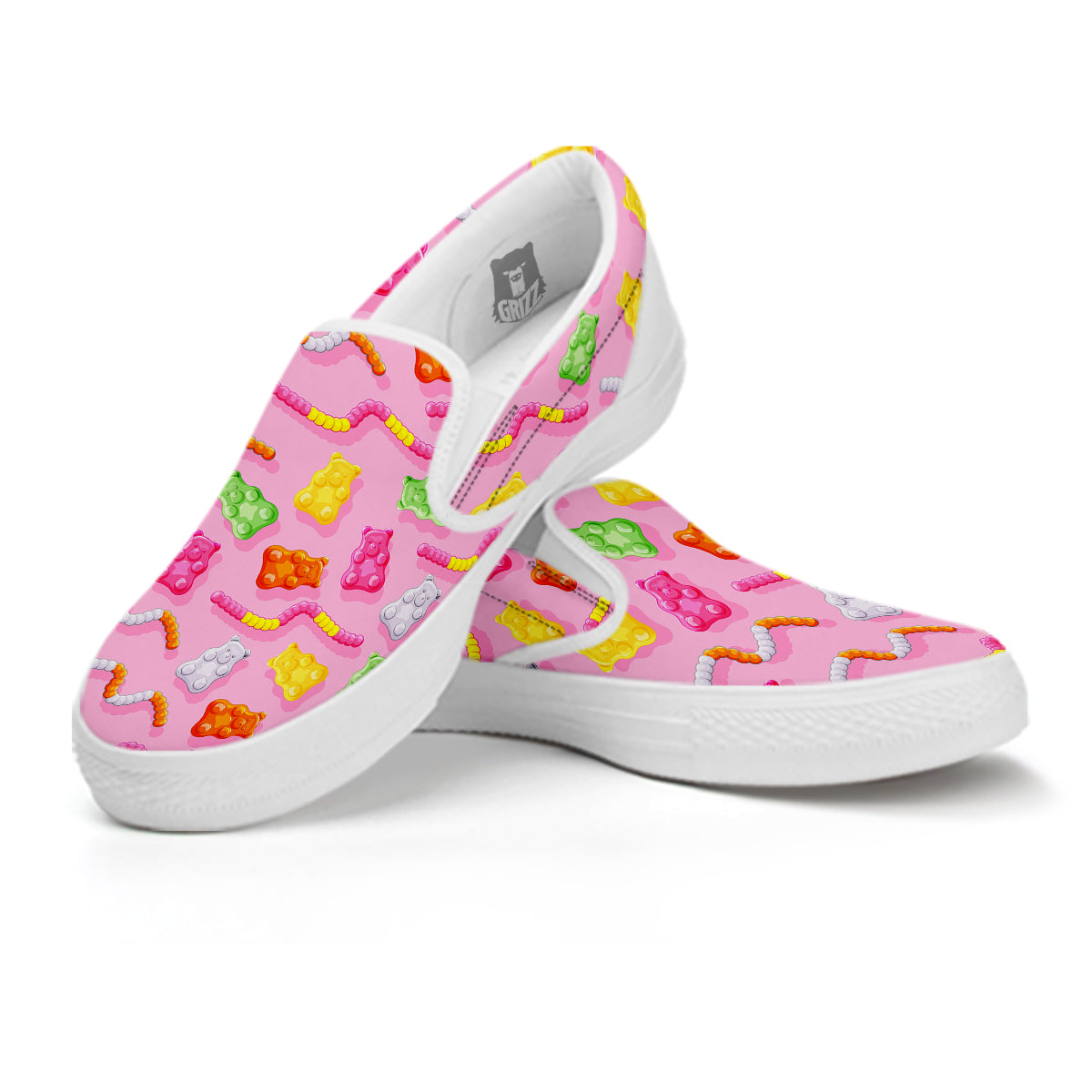 Sweet Gummy Bears And Worms Print Pattern White Slip On Shoes