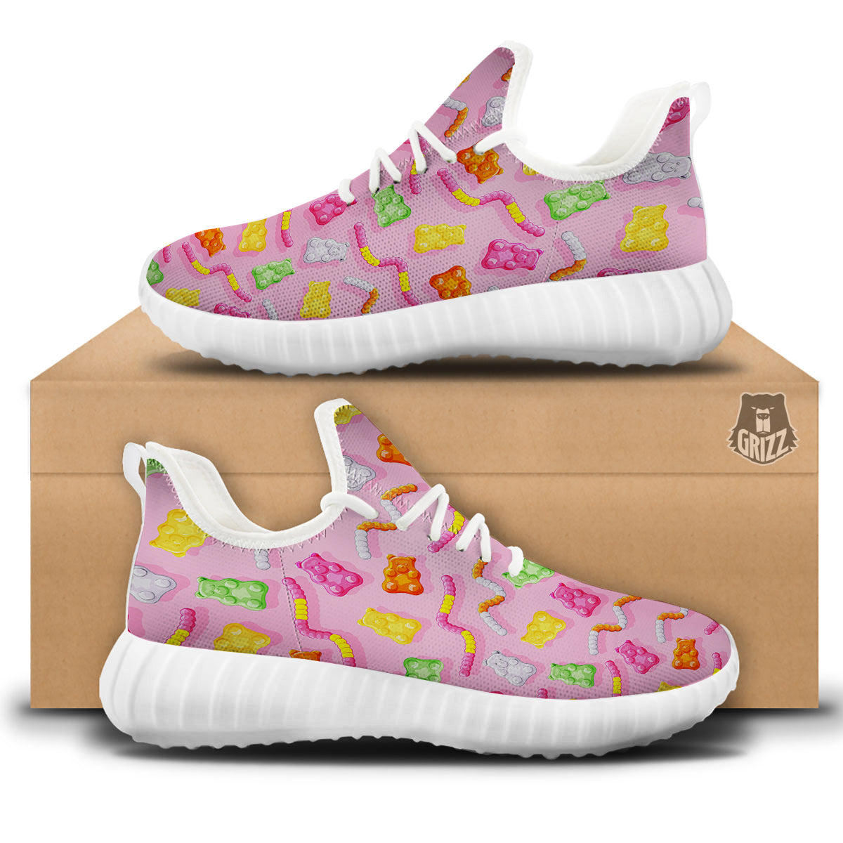 Sweet Gummy Bears And Worms Print Pattern White Walking Shoes