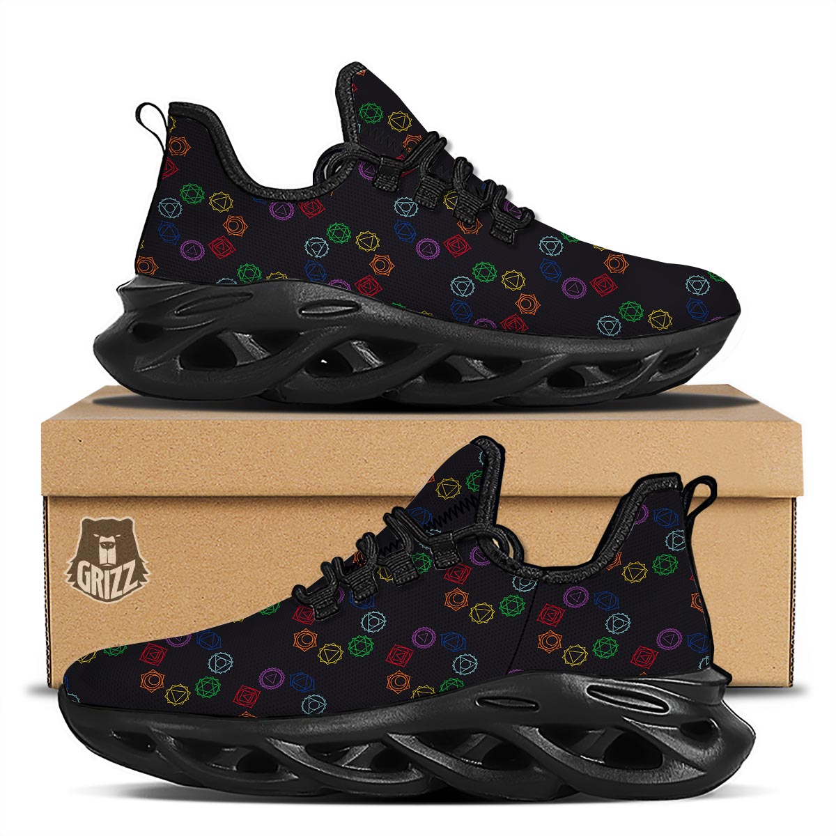 Symbols Seven Chakra Print Pattern Black Running Shoes