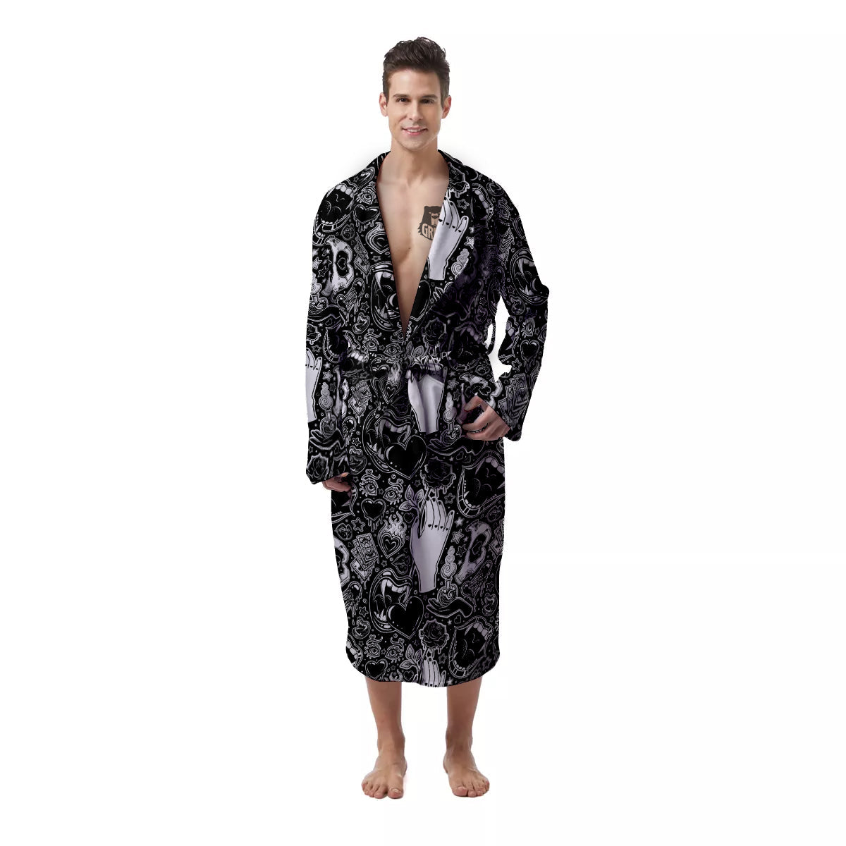 Tattoo Vampire Black and White Print Pattern Men's Robe