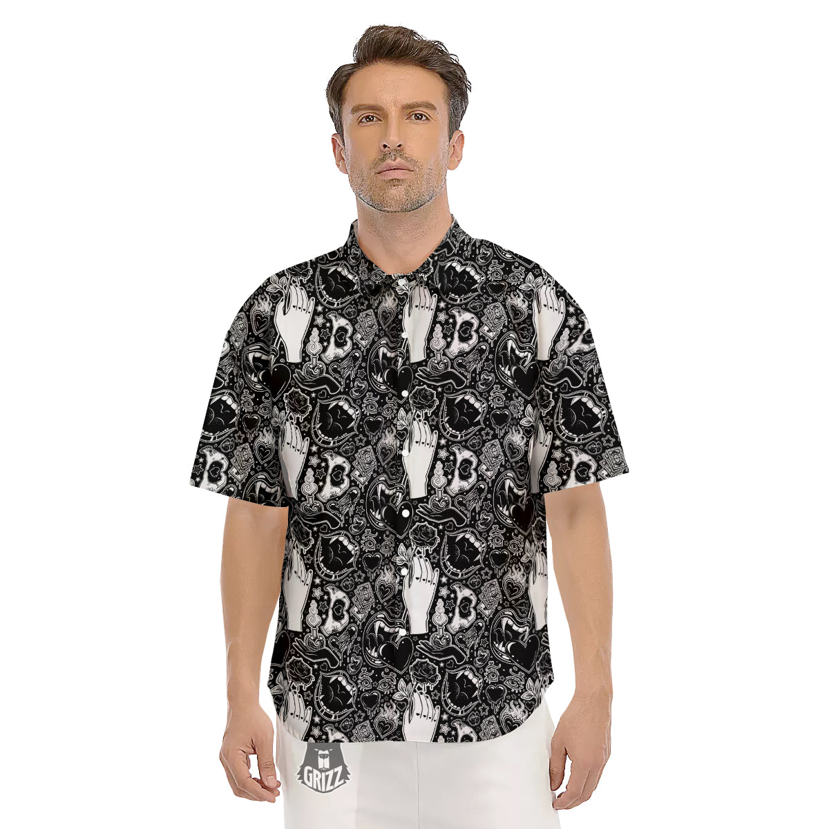 Tattoo Vampire Black and White Print Pattern Men's Short Sleeve Shirts