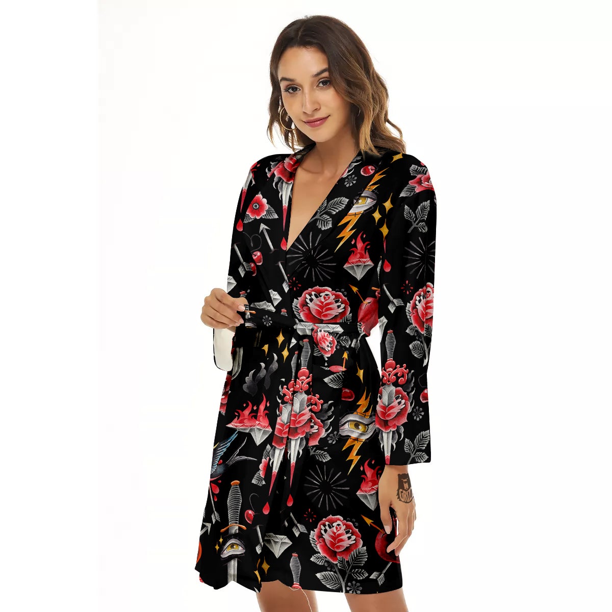 Tattoo Watercolor Print Pattern Women's Robe