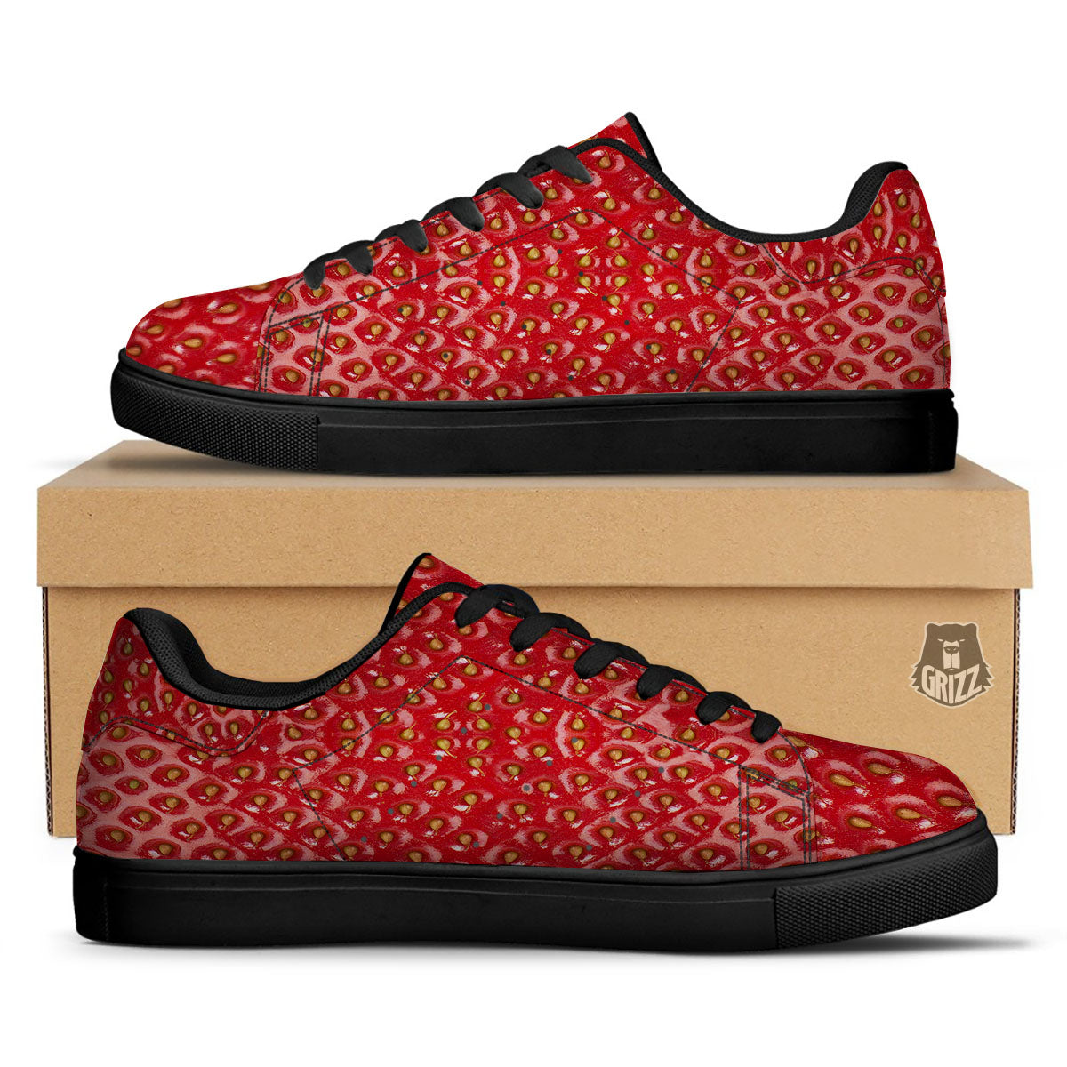 Texture Red Strawberry Print Black Low Top Sneakers