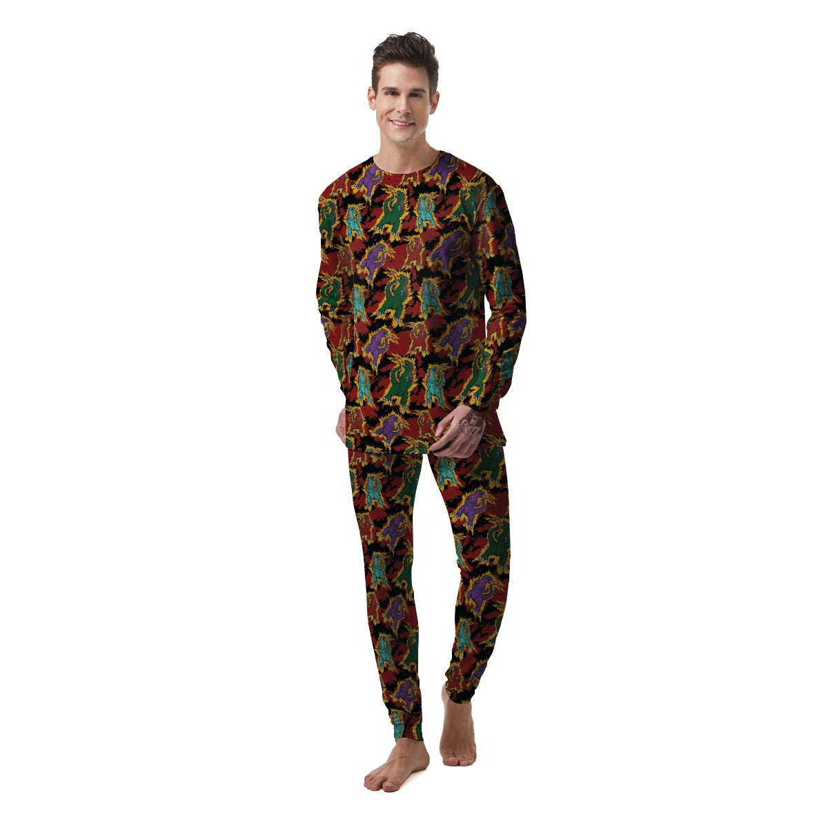 Tie Dye And Godzilla Print Pattern Men's Pajamas