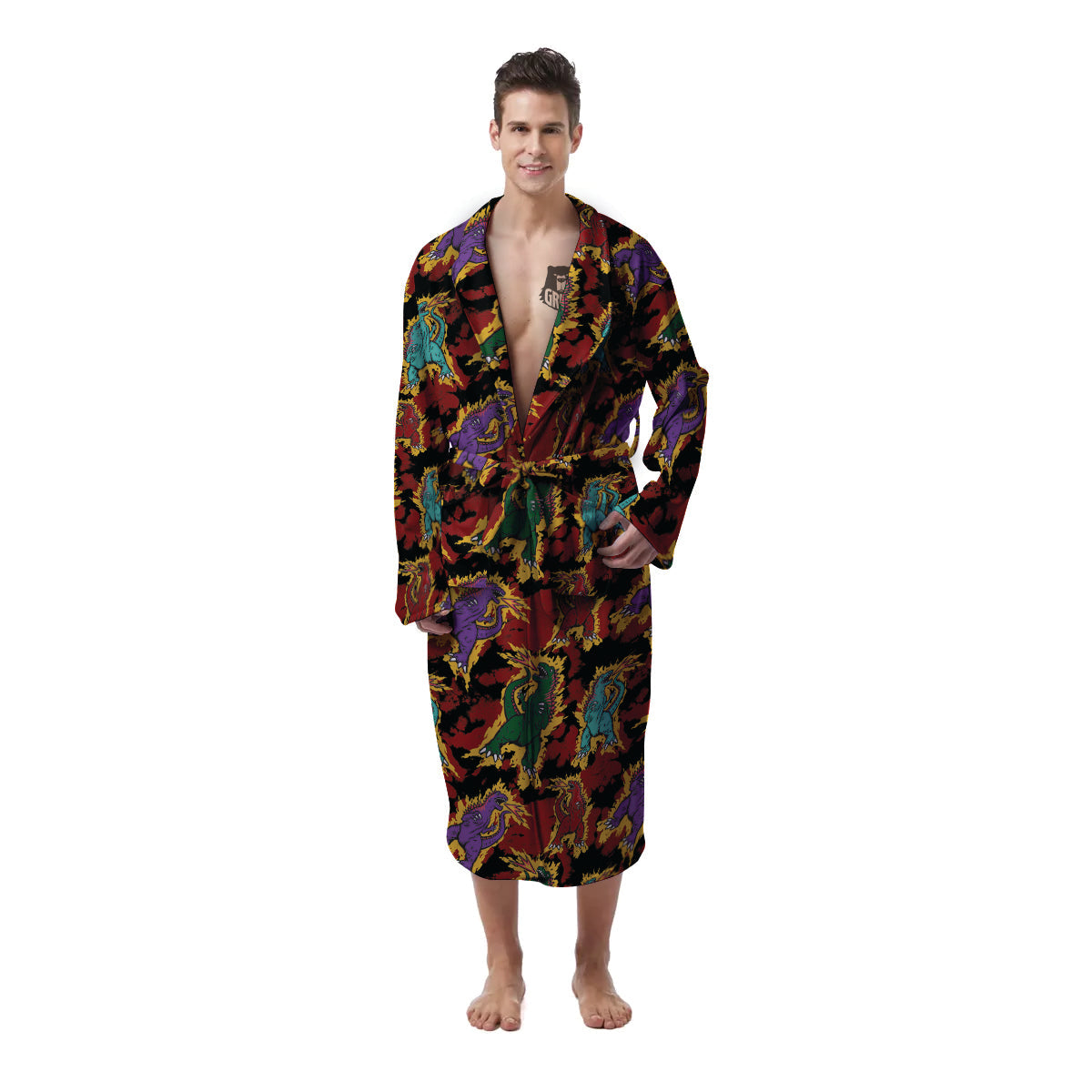 Tie Dye And Godzilla Print Pattern Men's Robe