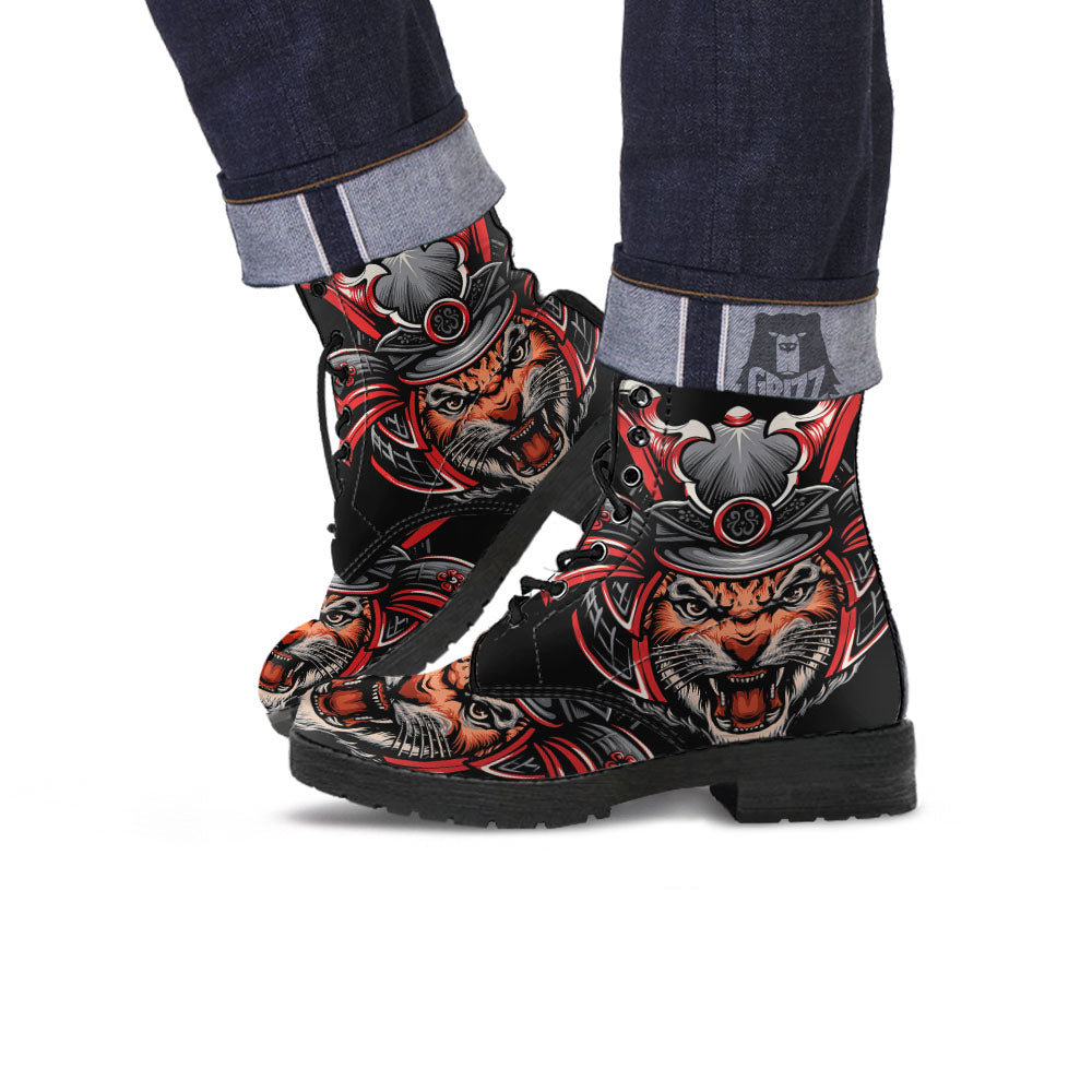 Tiger And Japanese Samurai Print Leather Boots