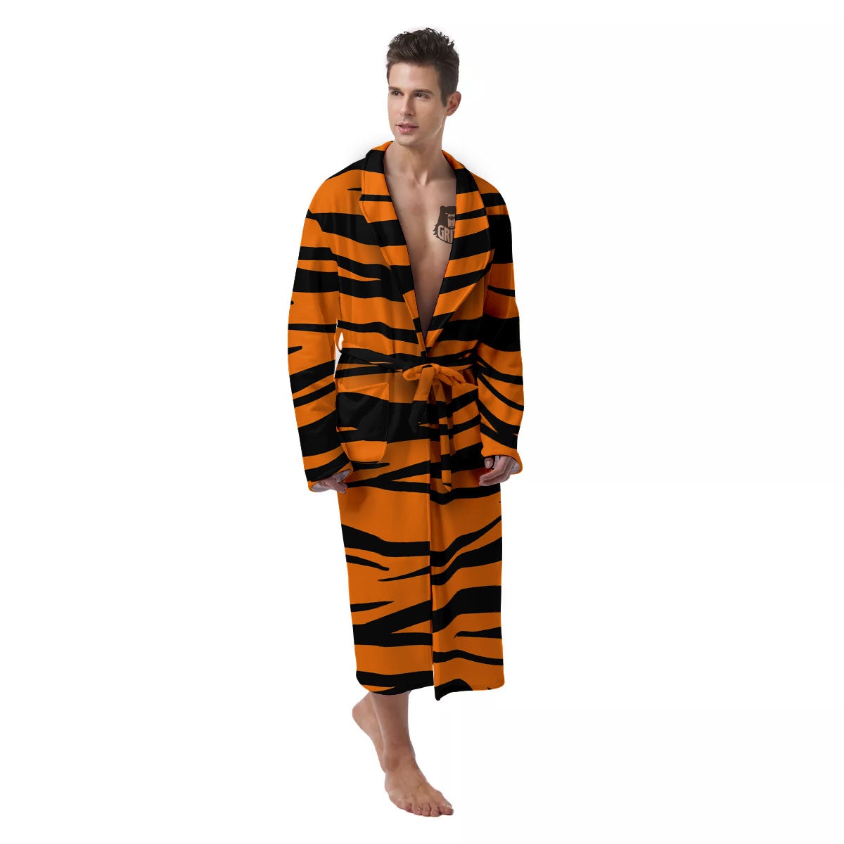 Tiger Stripe Black And Orange Print Men's Robe
