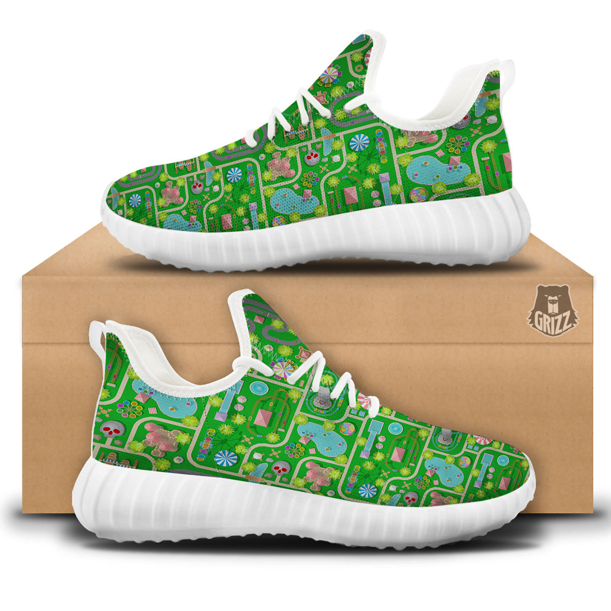 Top View Amusement Park Print Pattern White Walking Shoes