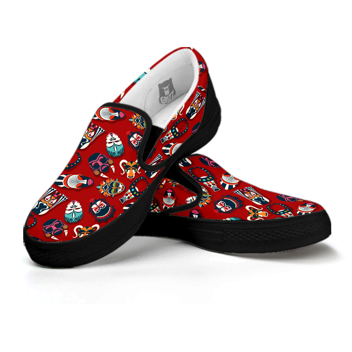 Totem Masks African Print Pattern Black Slip On Shoes