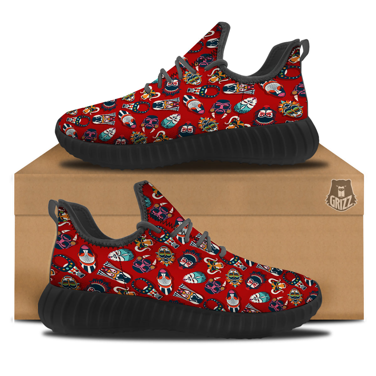 Totem Masks African Print Pattern Black Walking Shoes