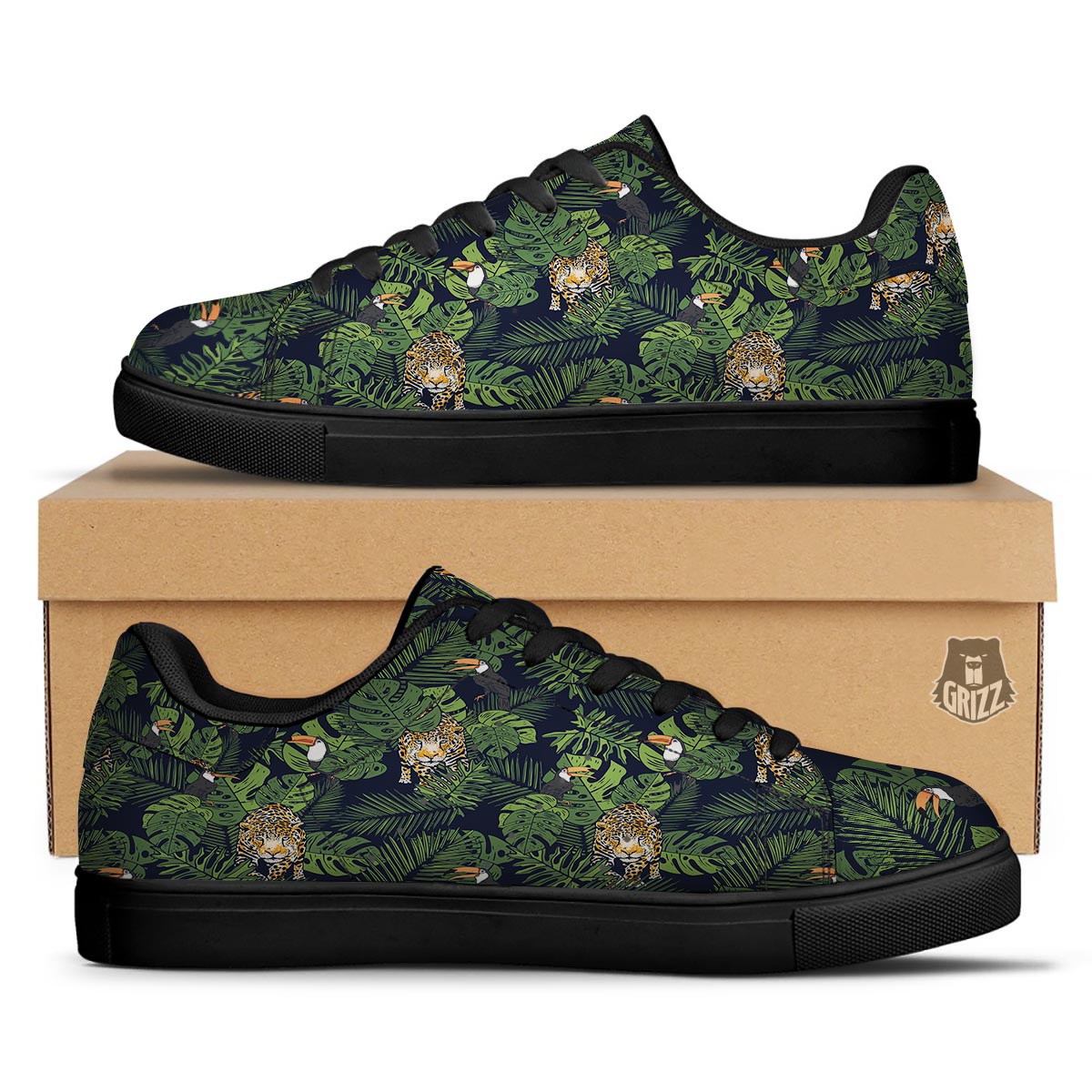Toucan And Tiger Print Pattern Black Low Top Sneakers