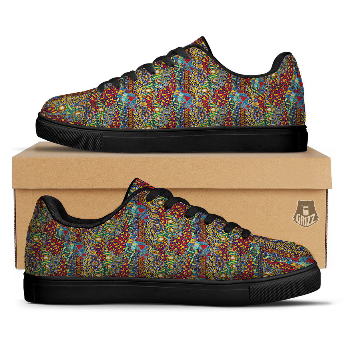 Traditional African Patchwork Animal Skins Print Pattern Black Low Top