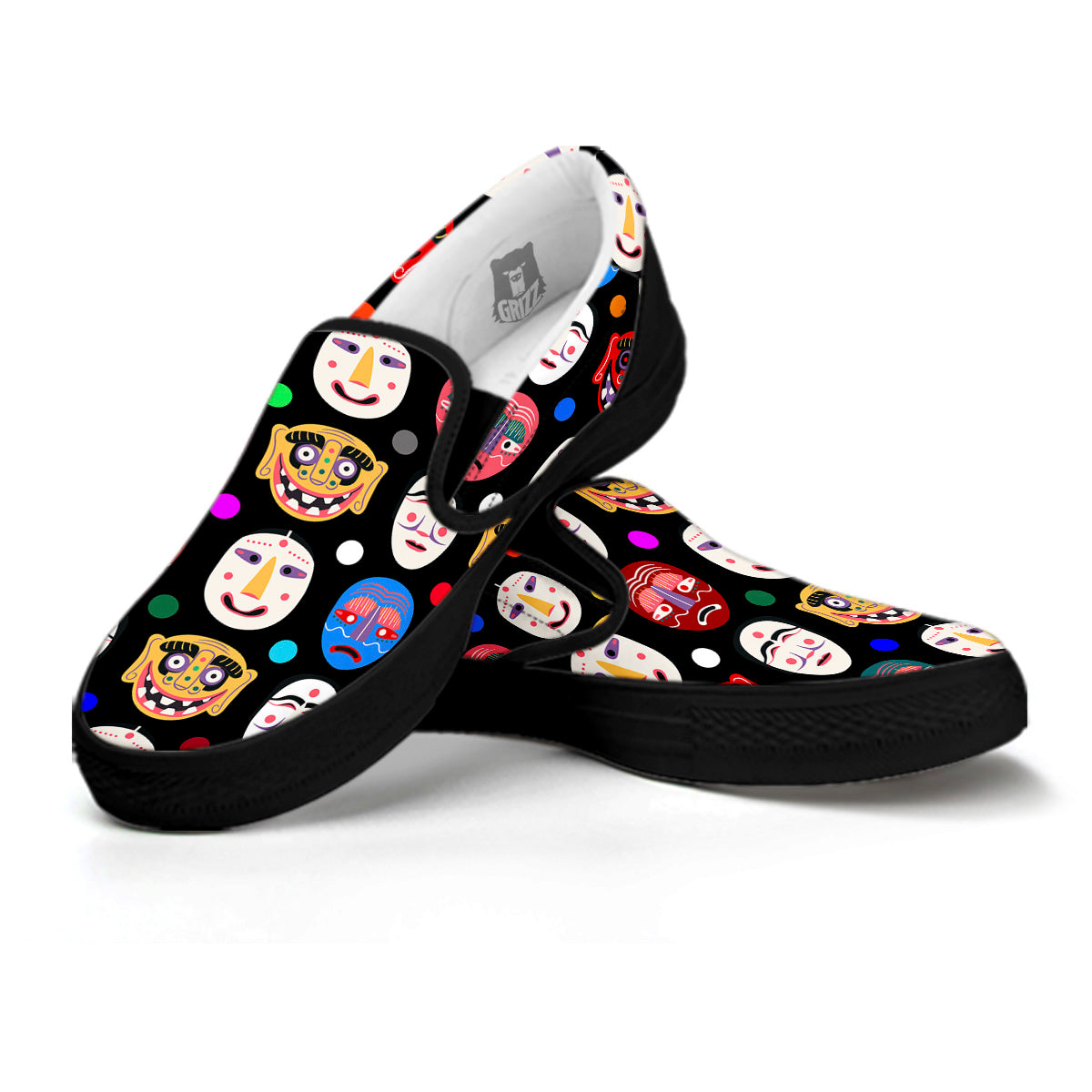Traditional Korean Masks Print Pattern Black Slip On Shoes