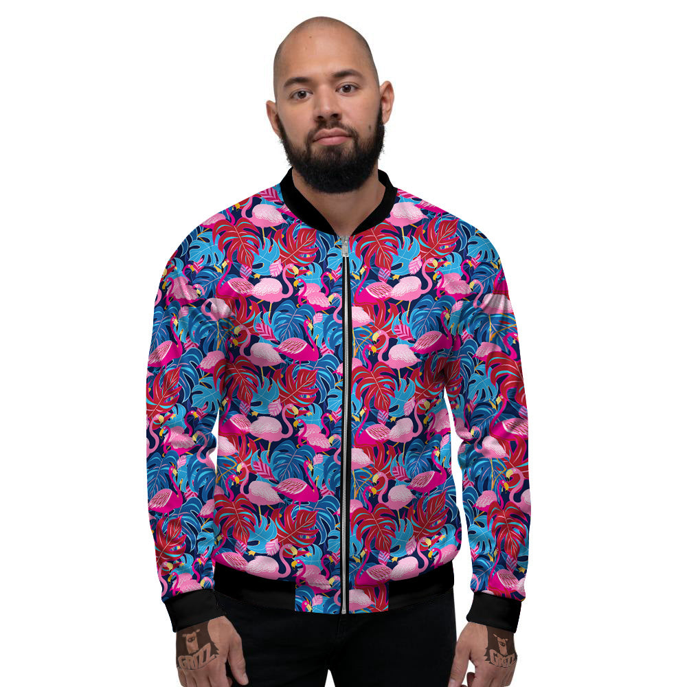 Tropical Blue And Pink Flamingo Print Men's Bomber Jacket