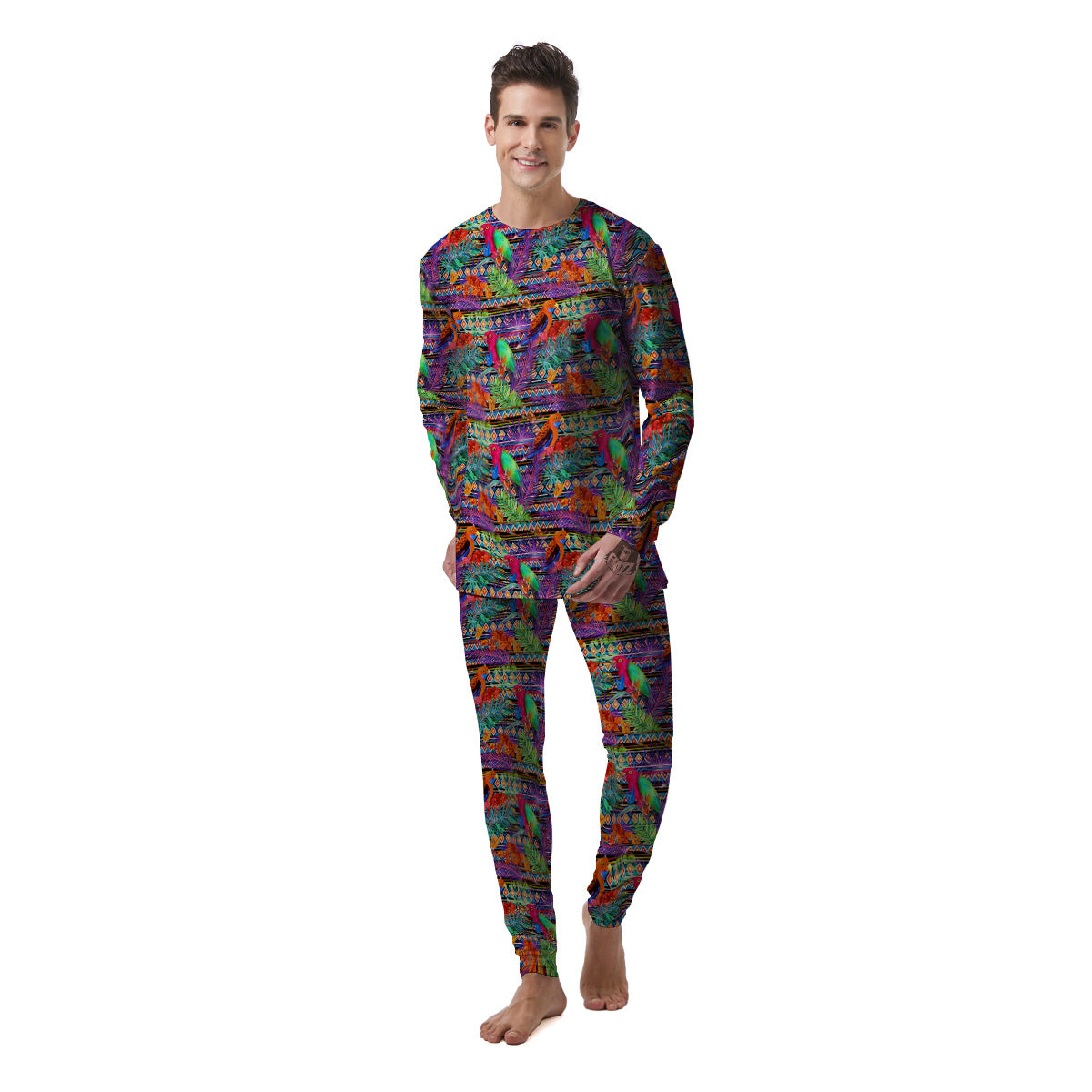 Tropical Leaves Exotic Bird Aztec Print Pattern Men's Pajamas ...