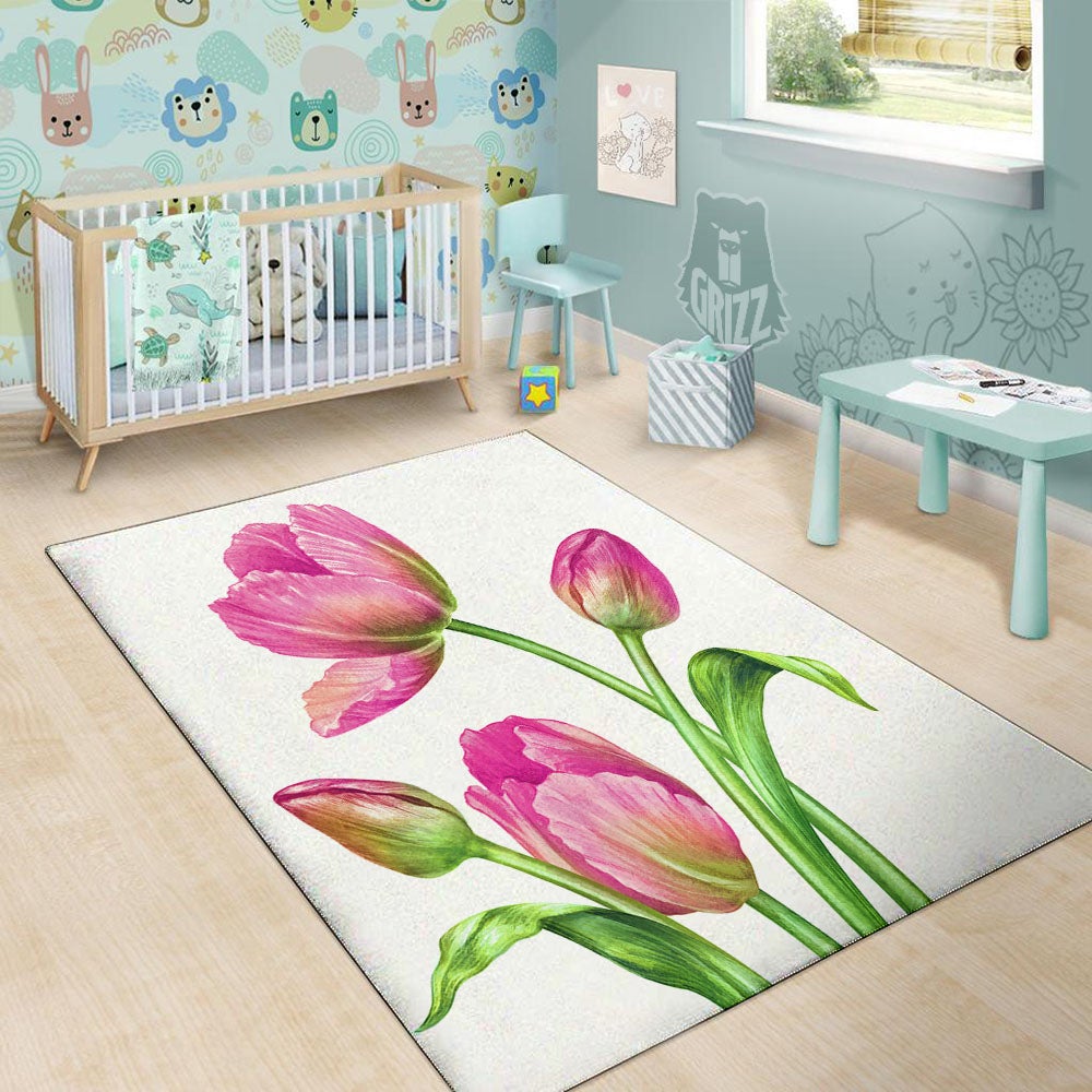 Tulip Flower Pink Watercolor Print Floor Mat