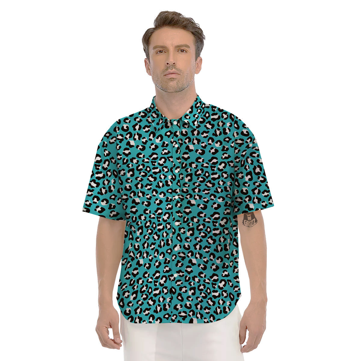 Turquoise Leopard Print Pattern Men's Short Sleeve Shirts