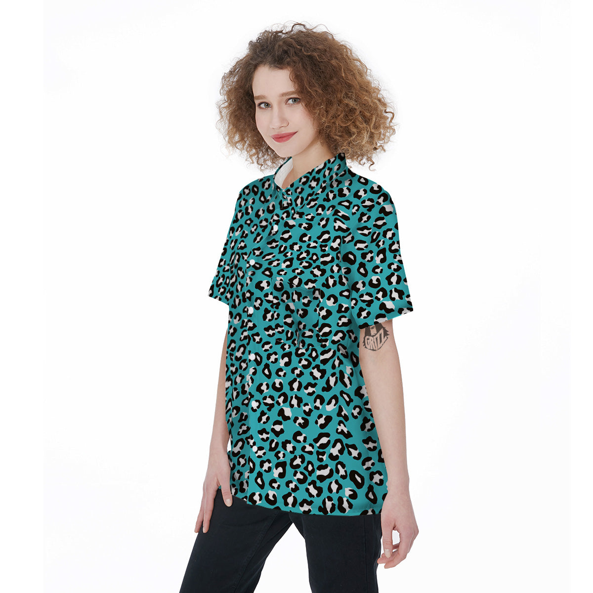 Turquoise Leopard Print Pattern Women's Short Sleeve Shirts