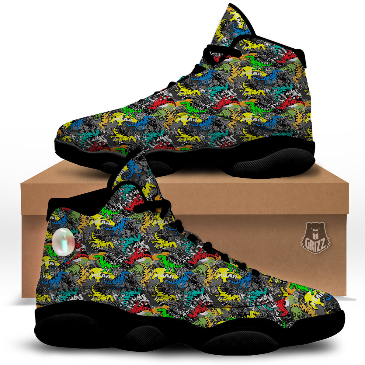 Tyrannosaurus Rex Colorful Print Black Basketball Shoes