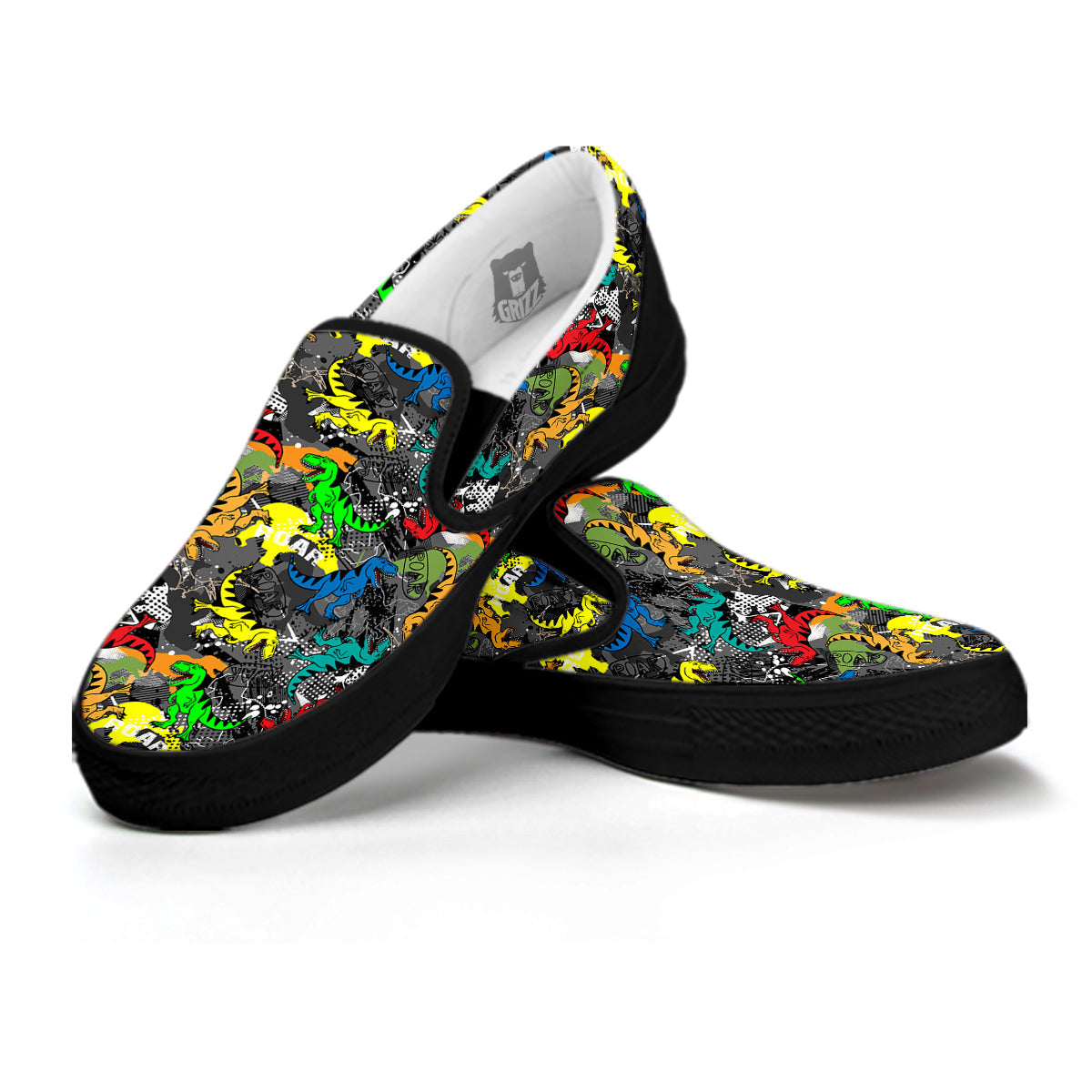 Tyrannosaurus Rex Colorful Print Black Slip On Shoes