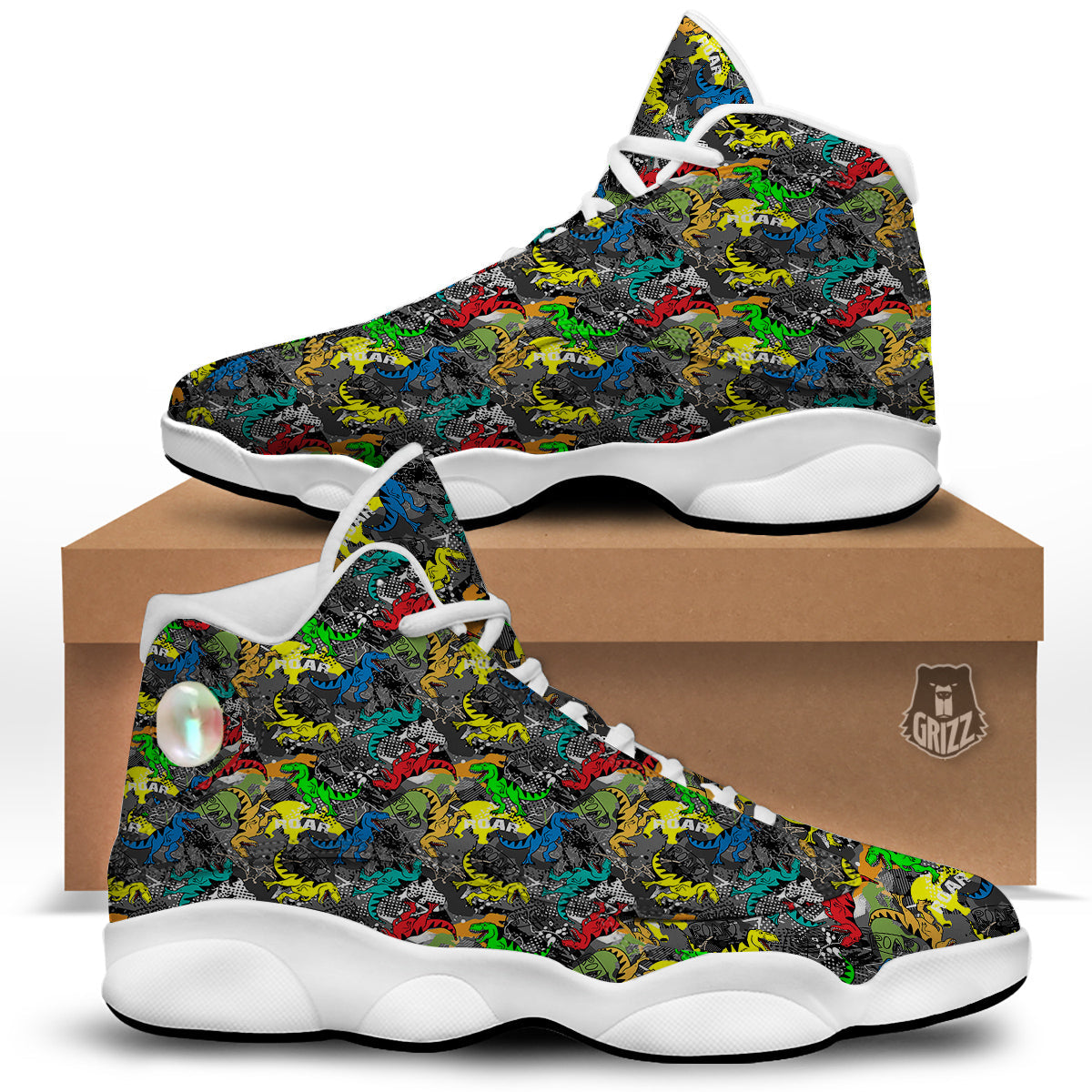 Tyrannosaurus Rex Colorful Print White Basketball Shoes