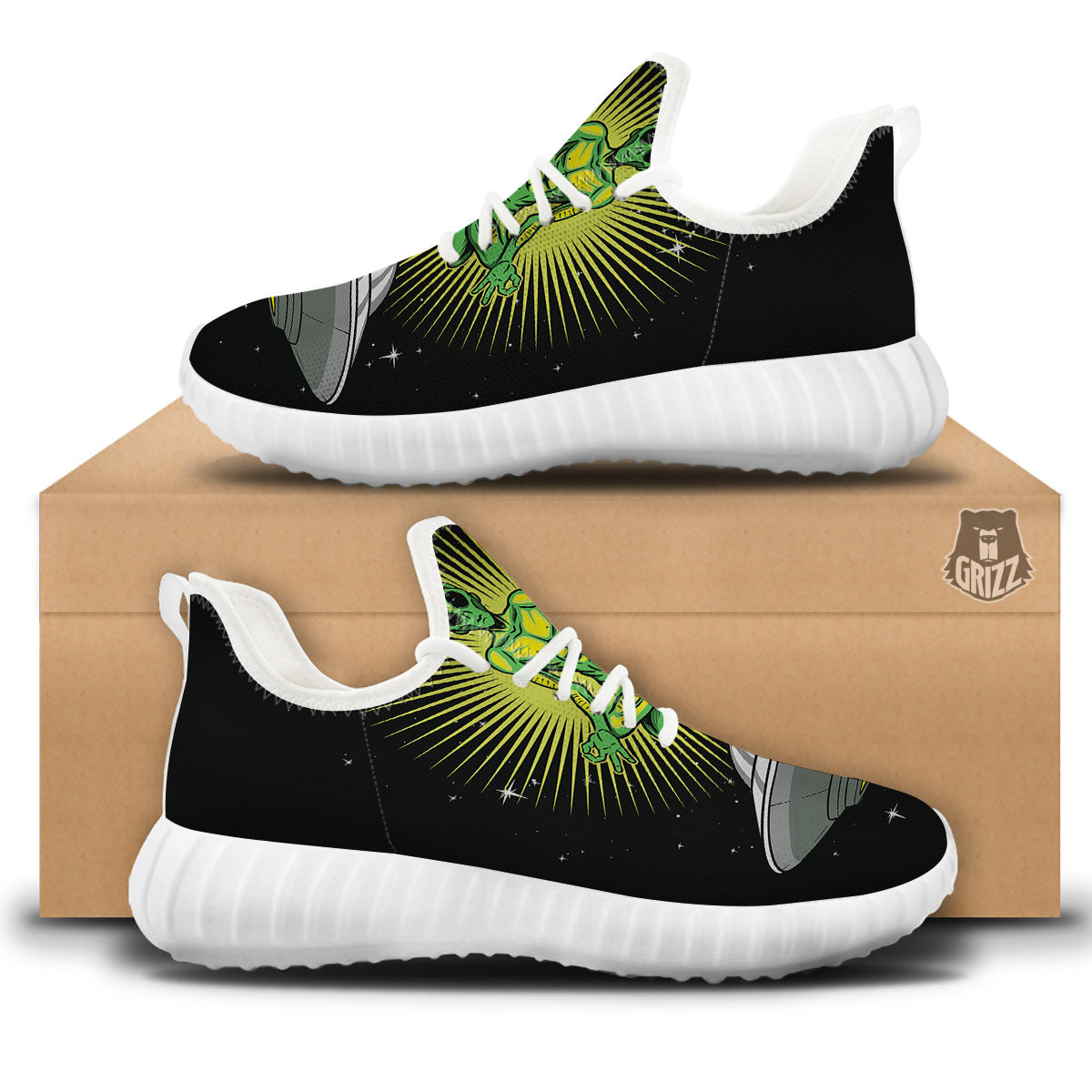 UFO Space Green Alien Print White Walking Shoes
