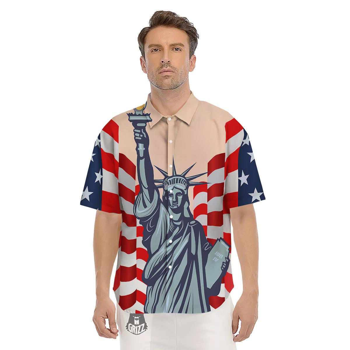 USA Flag Statue of Liberty Print Men's Short Sleeve Shirts