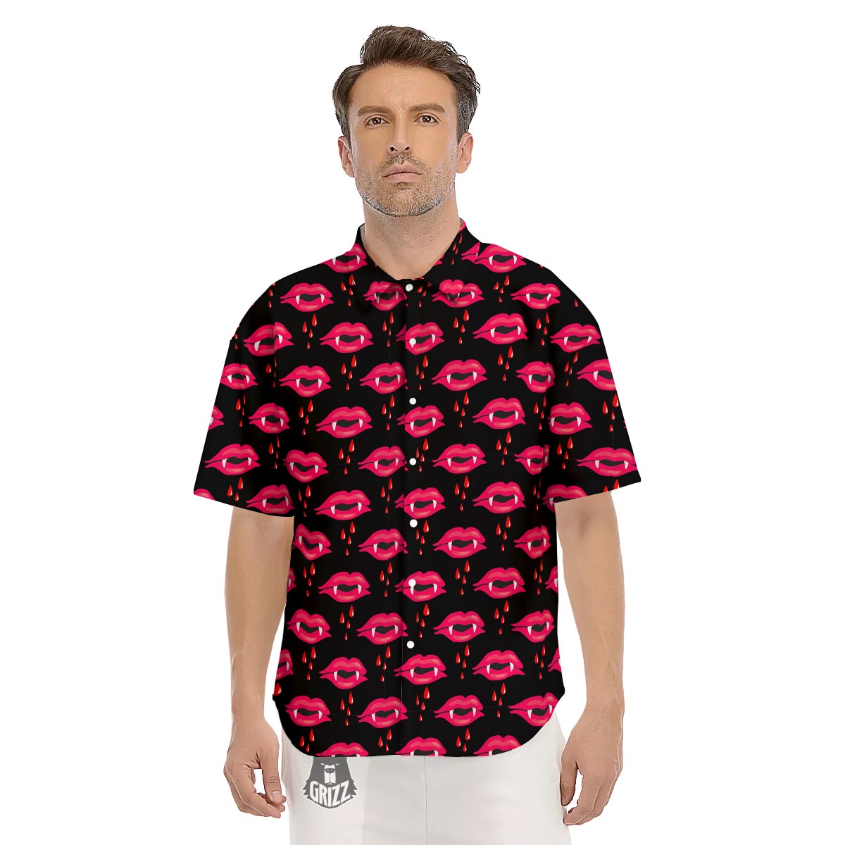 Vampire Lips Red Halloween Print Pattern Men's Short Sleeve Shirts