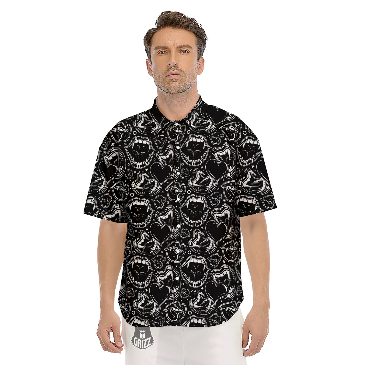 Vampire Mouth Black and White Print Pattern Men's Short Sleeve Shirts