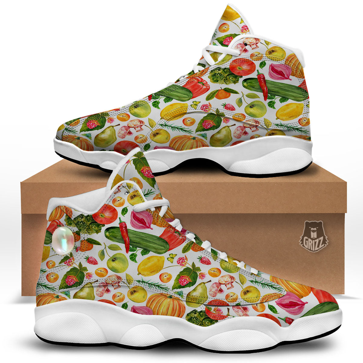 Vegetables And Vegan Fruits Print Pattern White Basketball Shoes