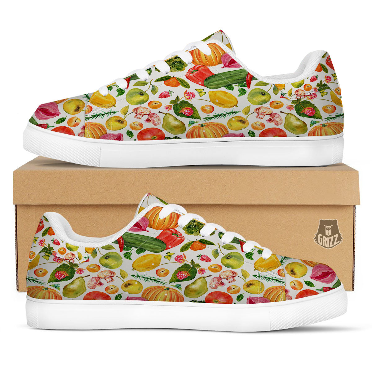 Vegetables And Vegan Fruits Print Pattern White Low Top Sneakers