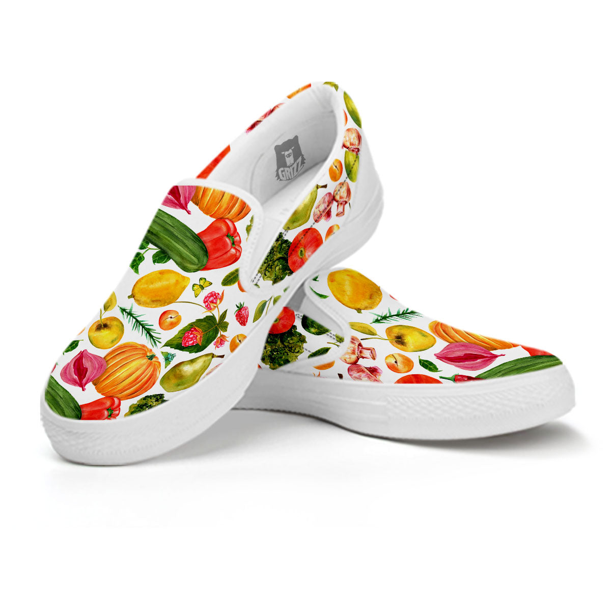 Vegetables And Vegan Fruits Print Pattern White Slip On Shoes