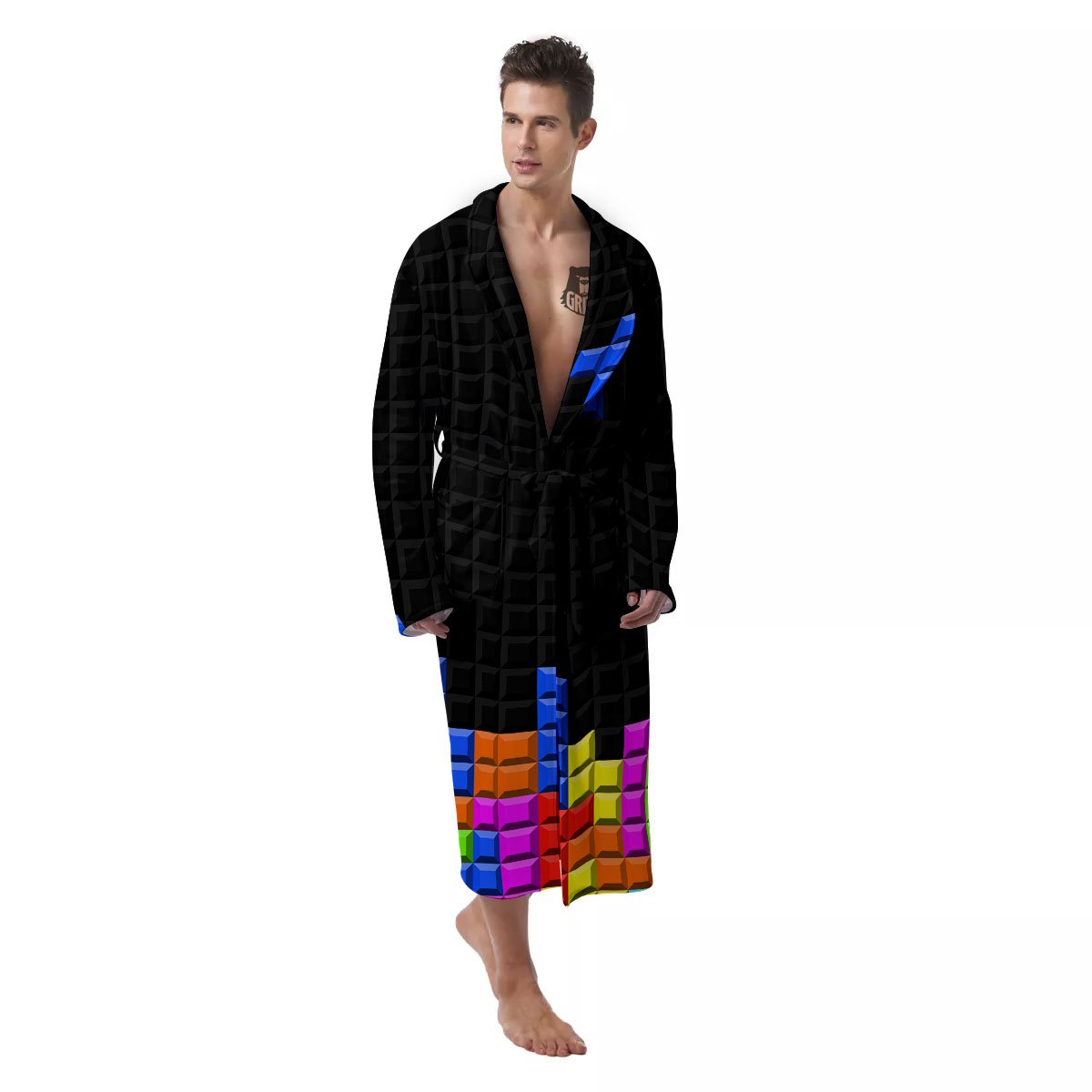 Video Game White Brick Puzzle Print Men's Robe