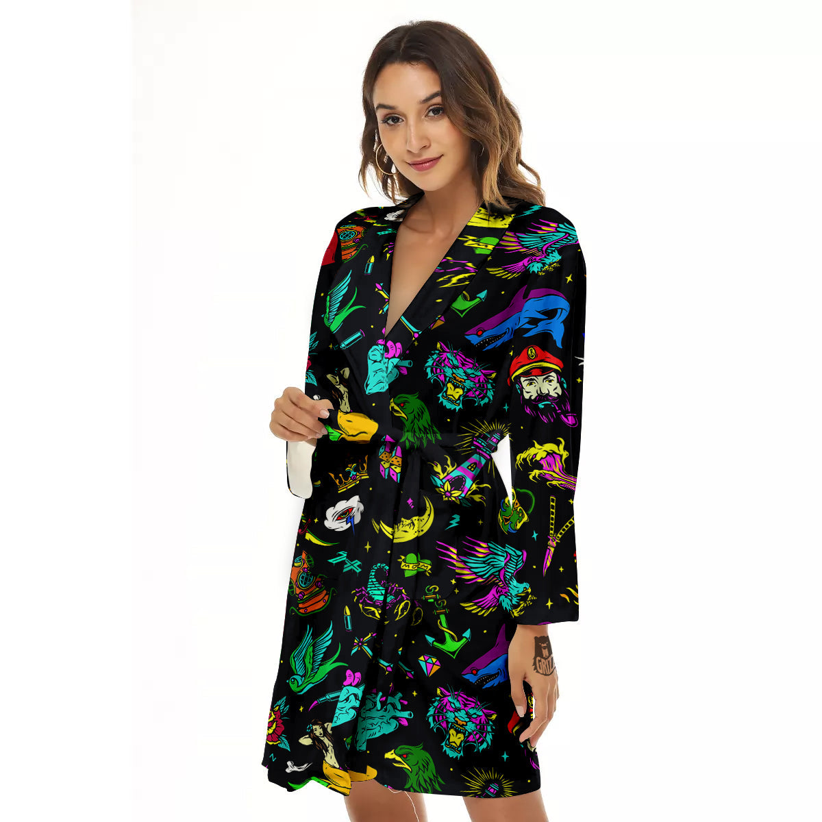 Vintage Colorful Tattoo Print Pattern Women's Robe