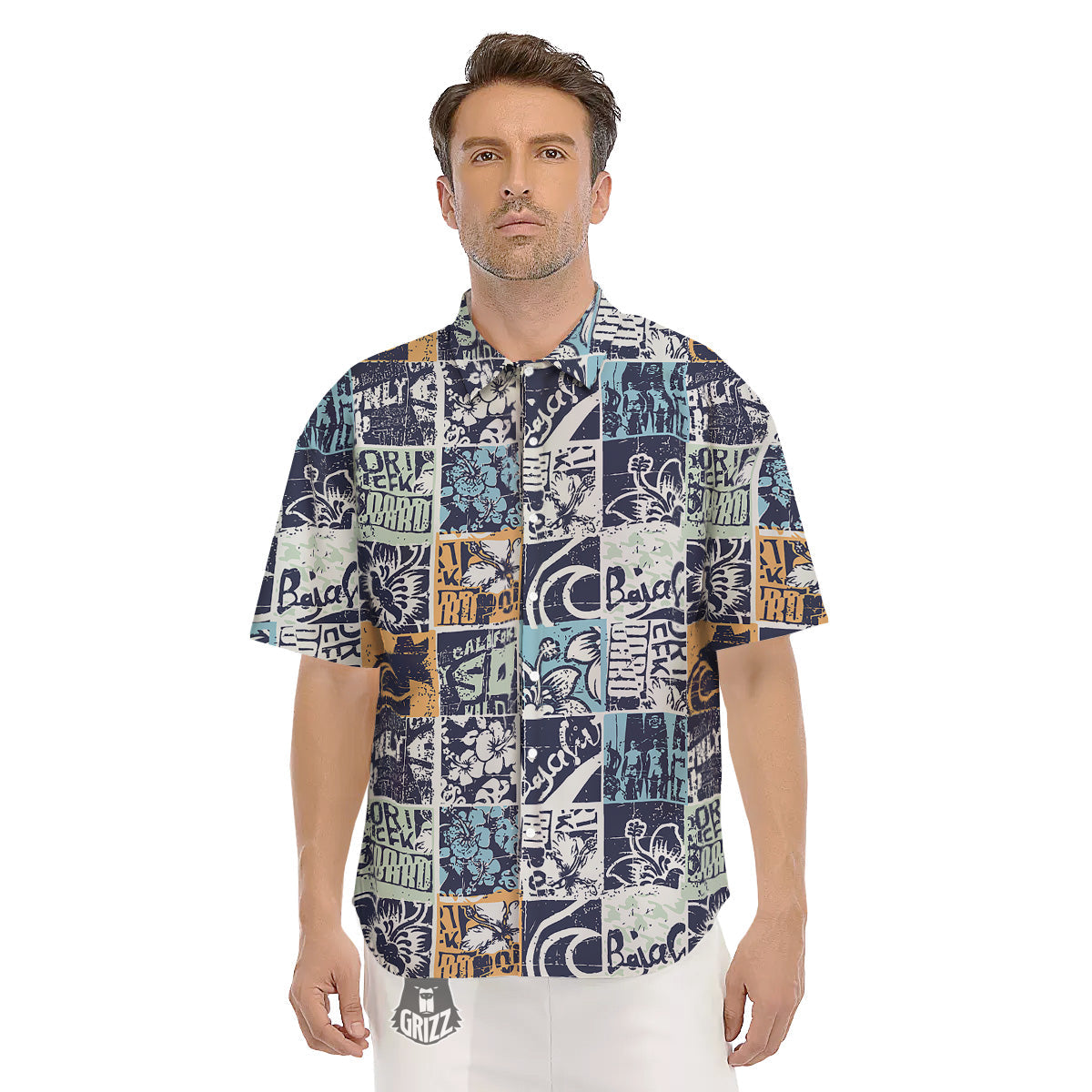 Vintage Patchwork Surfing Print Pattern Men's Short Sleeve Shirts