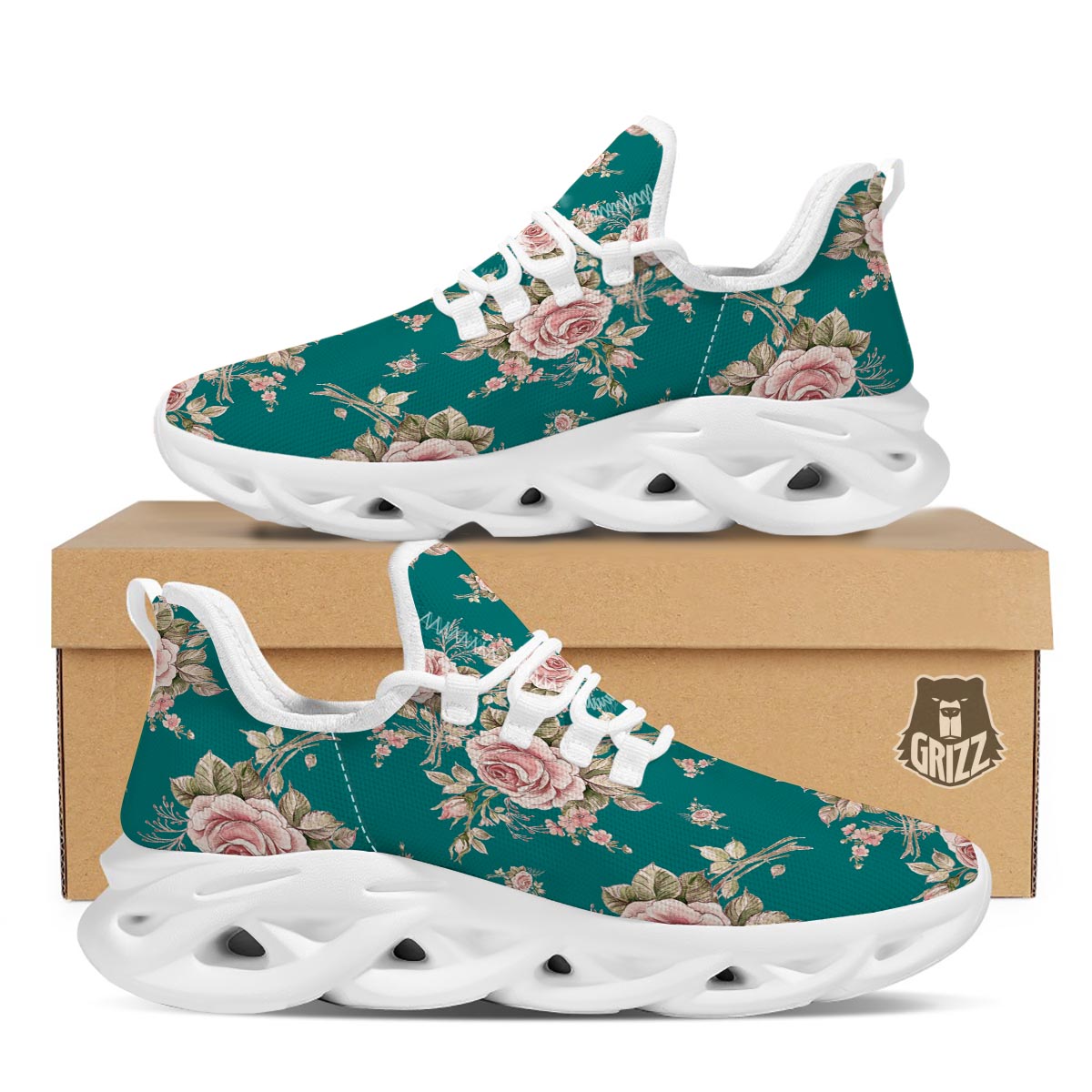 Vintage Watercolor Pink Rose Flower Print White Running Shoes