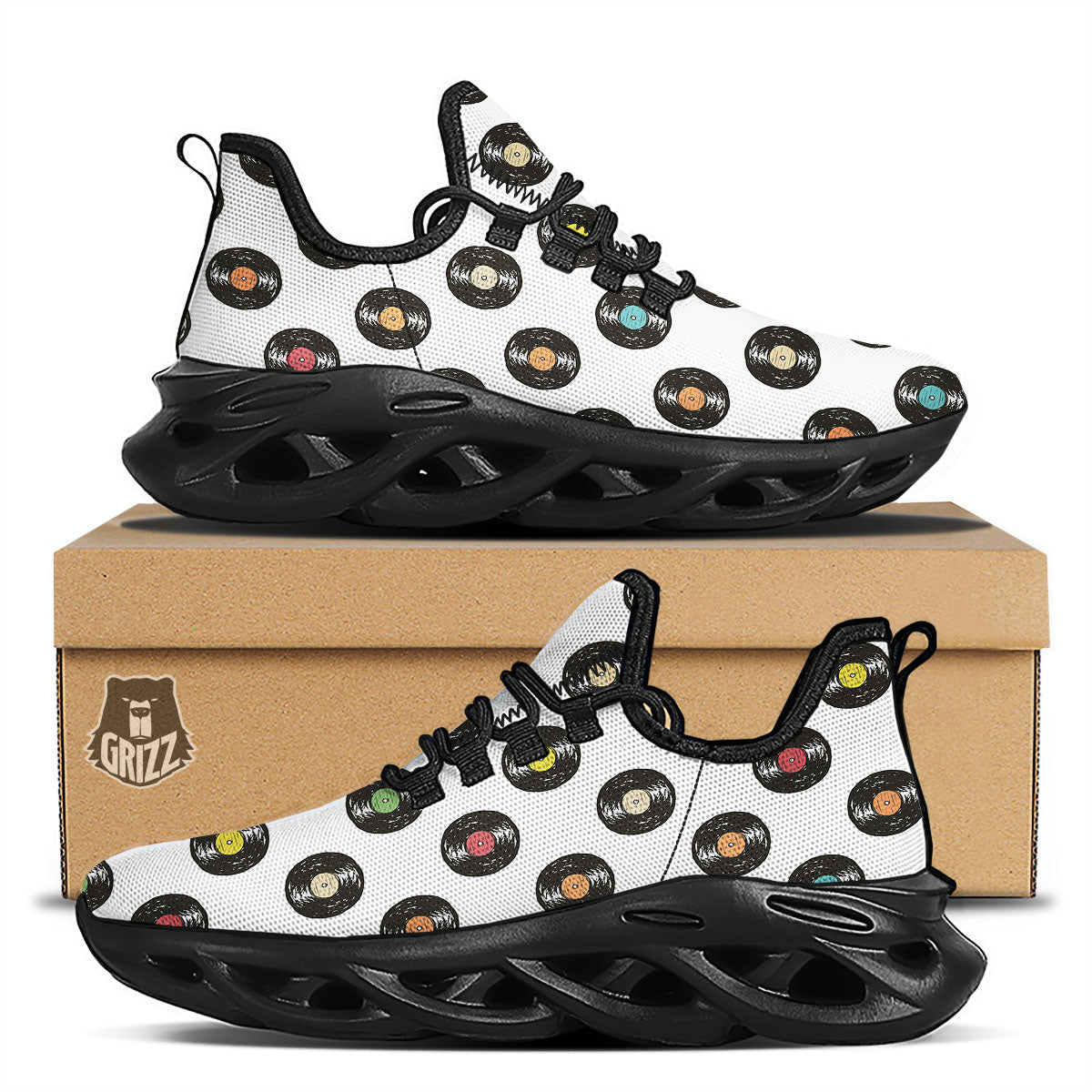 Vinyl Record Hand Drawn Print Pattern Black Running Shoes