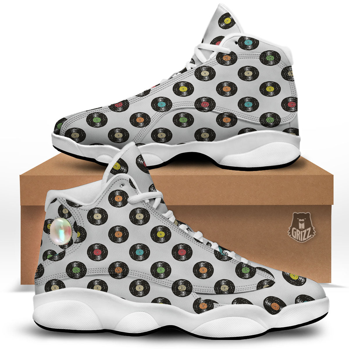 Vinyl Record Hand Drawn Print Pattern White Basketball Shoes